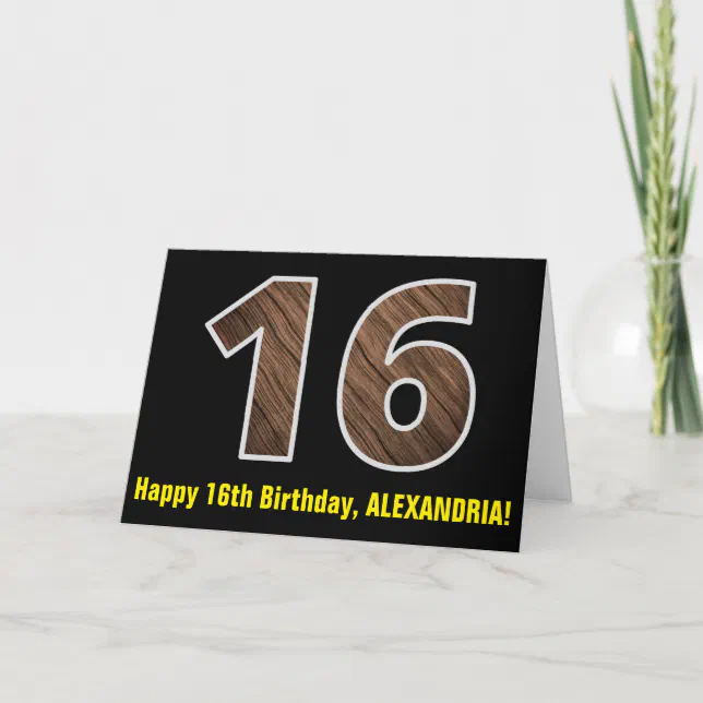 16th Birthday: Name + Faux Wood Grain Pattern "16" Card | Zazzle