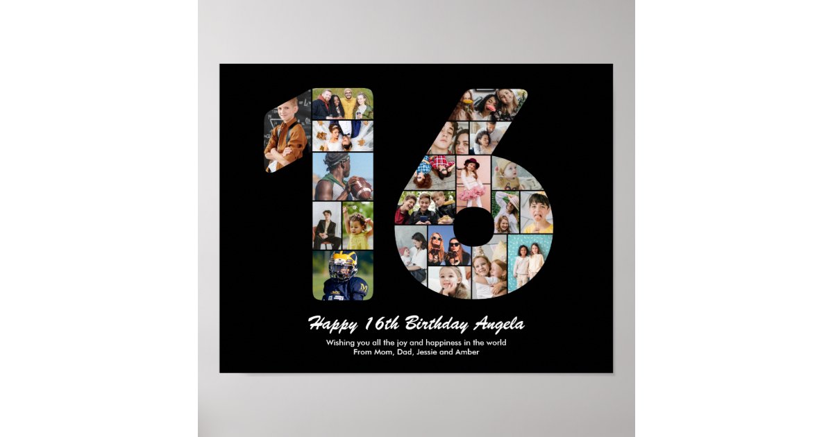16th Birthday Number 16 Custom Photo Collage Poster | Zazzle