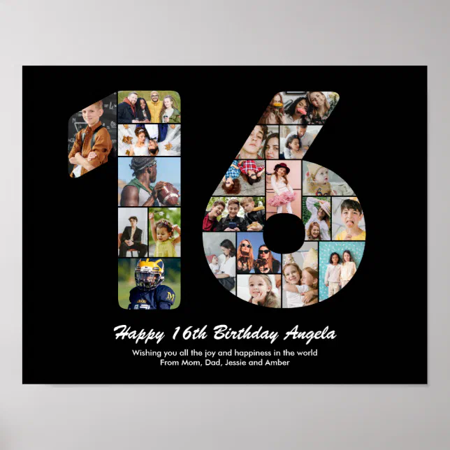 16th Birthday Number 16 Custom Photo Collage Poster | Zazzle