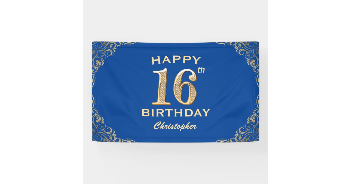 16th Birthday Party Blue and Gold Glitter Frame Banner | Zazzle