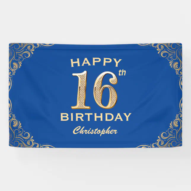 16th Birthday Party Blue and Gold Glitter Frame Banner | Zazzle