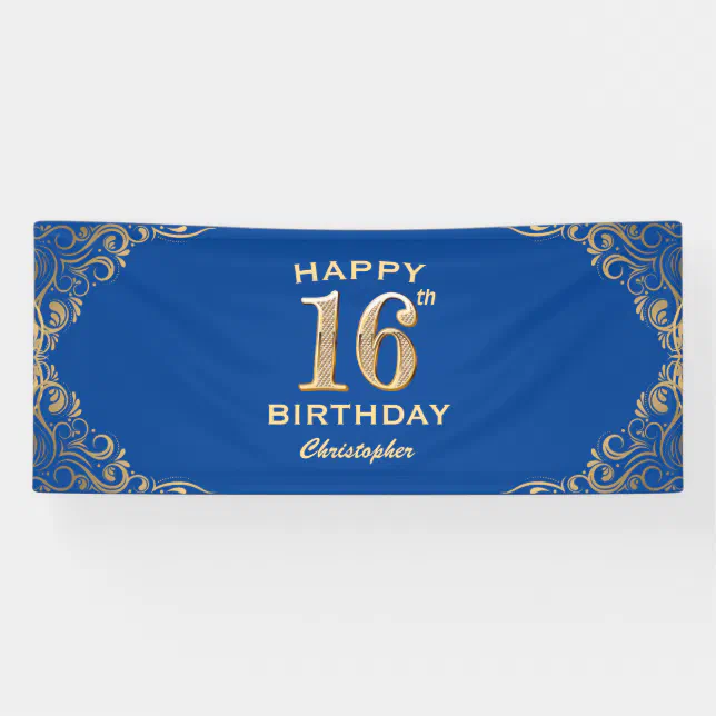 16th Birthday Party Blue and Gold Glitter Frame Banner | Zazzle