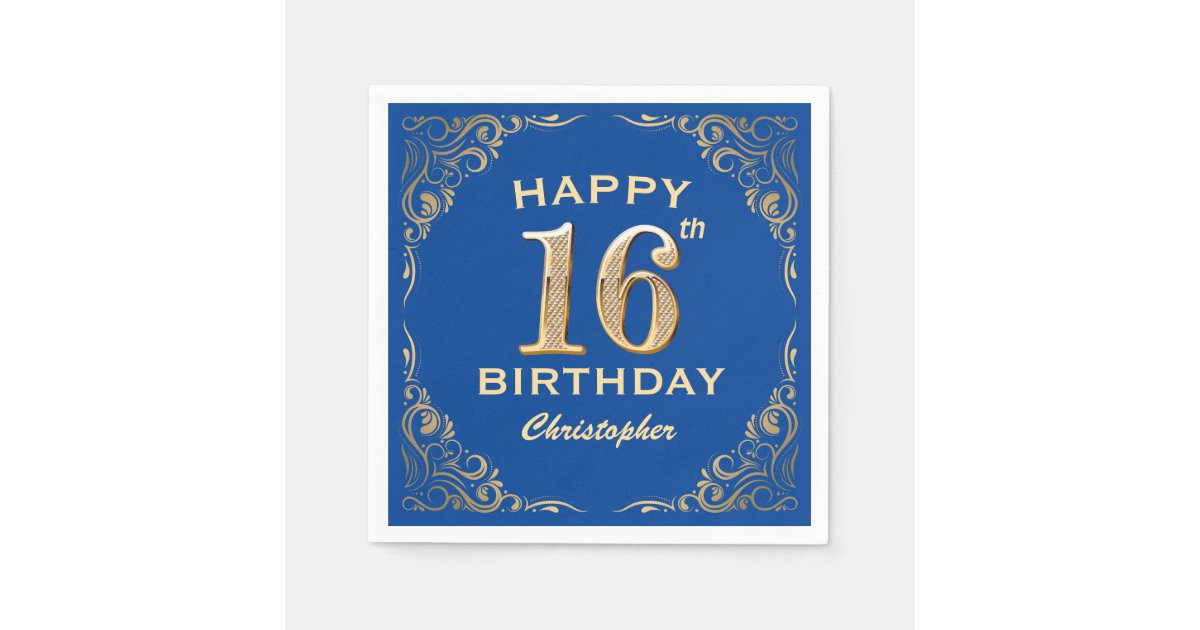 16th Birthday Party Blue and Gold Glitter Frame Napkins | Zazzle