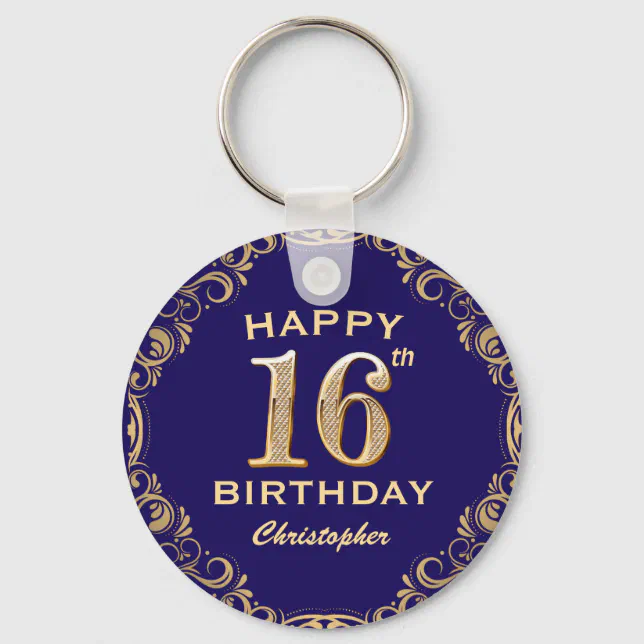 16th Birthday Party Navy Blue and Gold Glitter Keychain | Zazzle