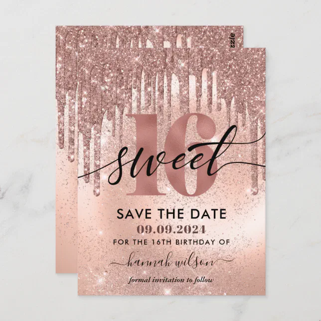 16th Birthday Party Rose Gold Save The Date Postcard | Zazzle