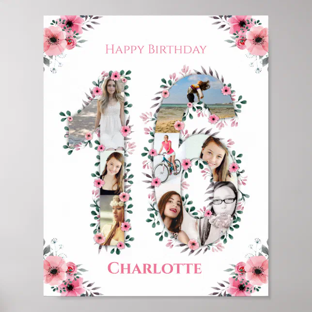16th Birthday Pink Flower Girl Photo Collage White Poster | Zazzle
