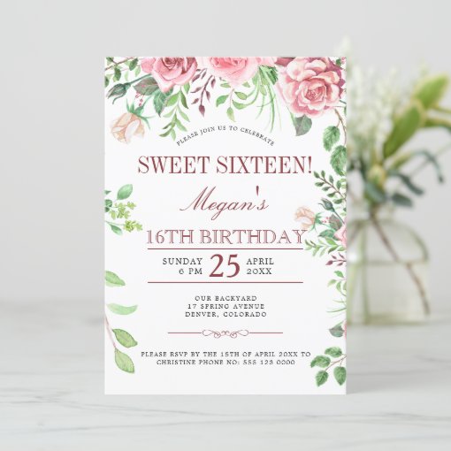 16th Birthday Pink Roses Chic Sweet Sixteen Party Invitation | Zazzle