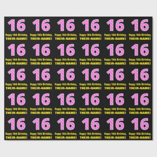 16th Birthday: Pink Stripes and Hearts "16" + Name Wrapping Paper | Zazzle
