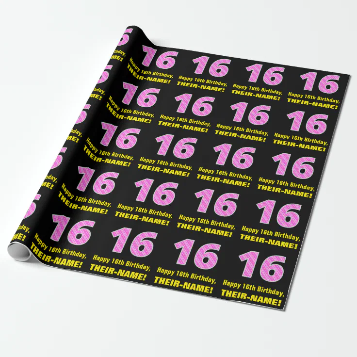 16th Birthday: Pink Stripes and Hearts "16" + Name Wrapping Paper | Zazzle
