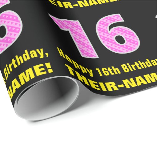 16th Birthday: Pink Stripes and Hearts "16" + Name Wrapping Paper | Zazzle