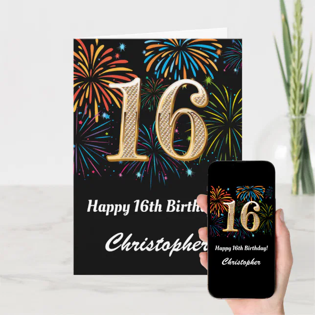 16th Birthday Rainbow Fireworks Black and Gold Card | Zazzle
