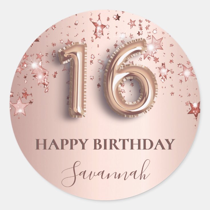 16th birthday rose gold pink stars balloon font classic round sticker ...