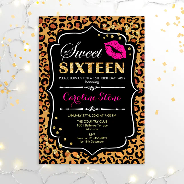 16th Birthday - Sweet Sixteen Leopard Print Pink Invitation | Zazzle