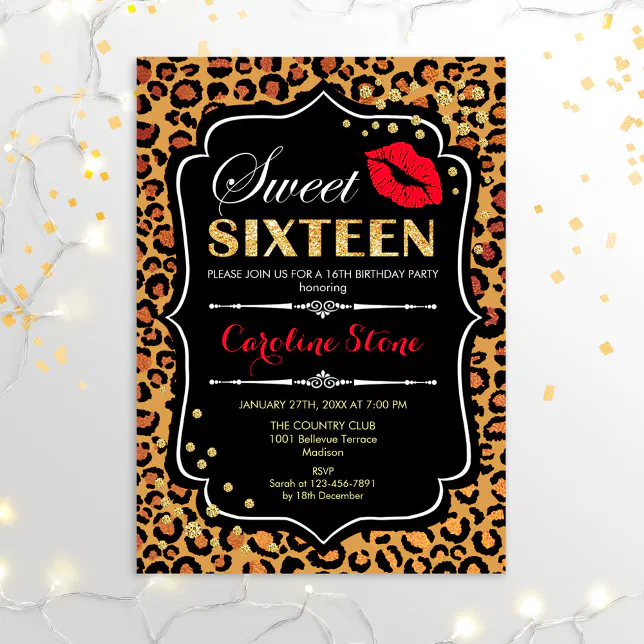 16th Birthday - Sweet Sixteen Leopard Print Red Invitation | Zazzle