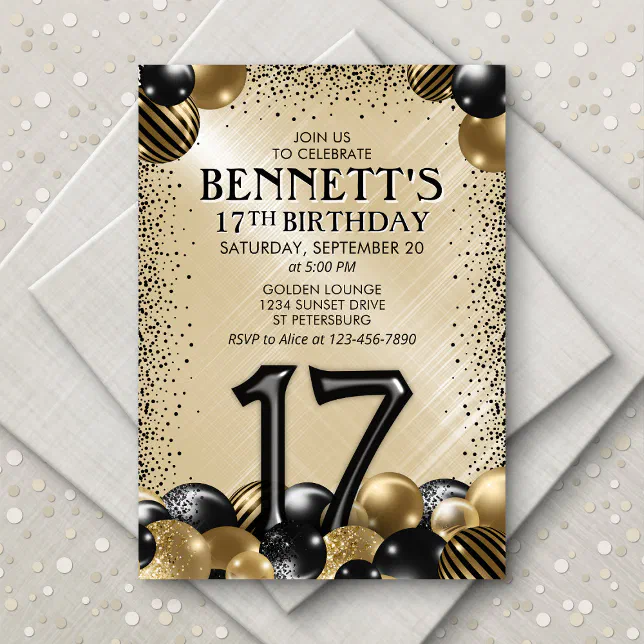 17th Balloons Black Gold Birthday Invitation | Zazzle