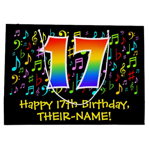 17th Birthday - Colorful Music Symbols, Rainbow 17 Large Gift Bag | Zazzle
