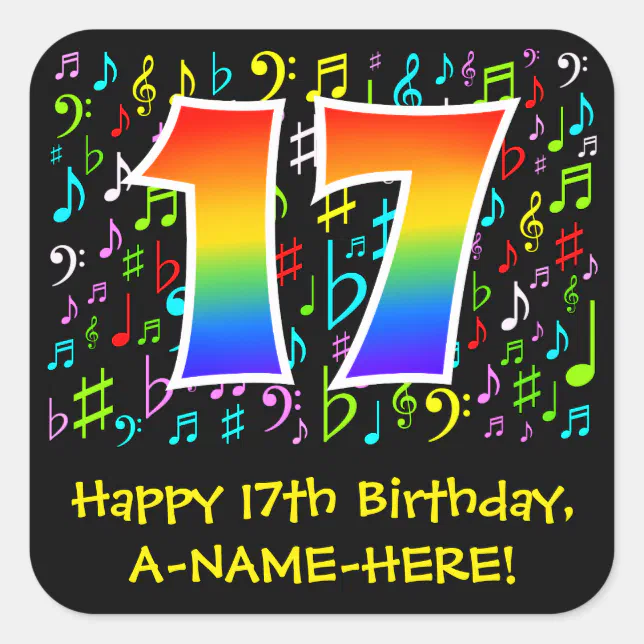 17th Birthday: Colorful Music Symbols, Rainbow 17 Square Sticker | Zazzle