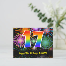 17th Birthday – Fun Fireworks Pattern + Rainbow 17 Postcard | Zazzle