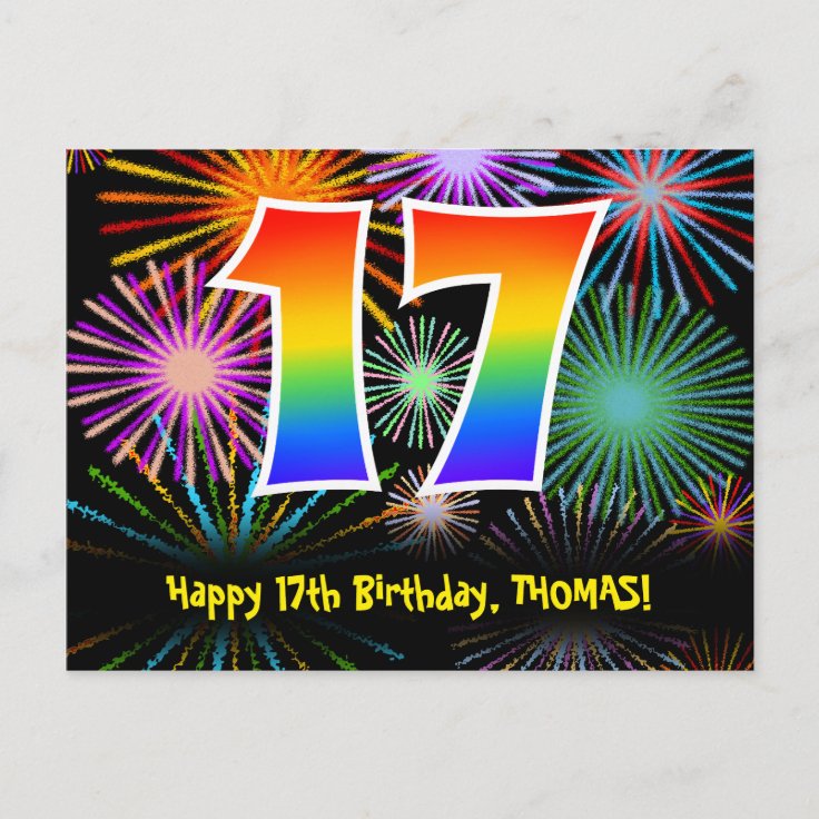 17th Birthday – Fun Fireworks Pattern + Rainbow 17 Postcard | Zazzle