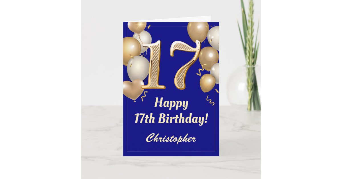 17th Birthday Navy Blue and Gold Balloons Confetti Card | Zazzle