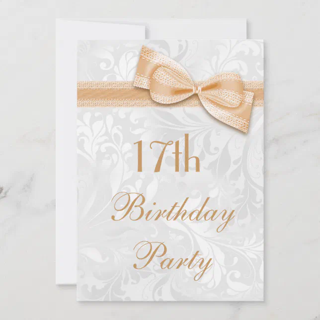 17th Birthday Party Damask and Faux Bow Invitation | Zazzle