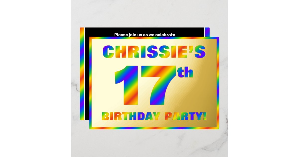 17th Birthday Party — Fun, Rainbow Spectrum “17” Foil Invitation | Zazzle
