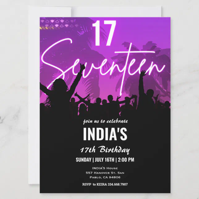 17th Birthday Party Pink Neon Invitation | Zazzle