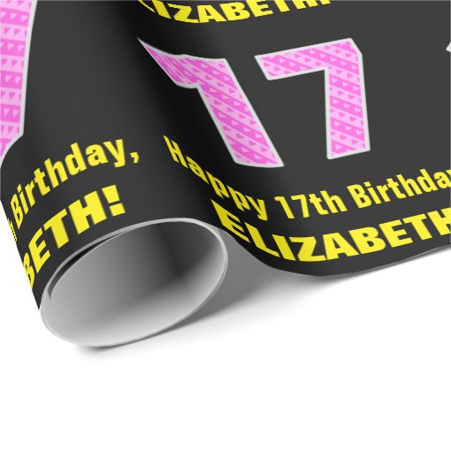 17th Birthday: Pink Stripes and Hearts "17" + Name Wrapping Paper | Zazzle