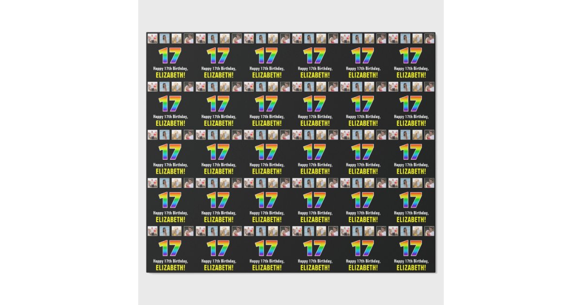 17th Birthday: Rainbow “17“; Custom Photos & Name Wrapping Paper | Zazzle