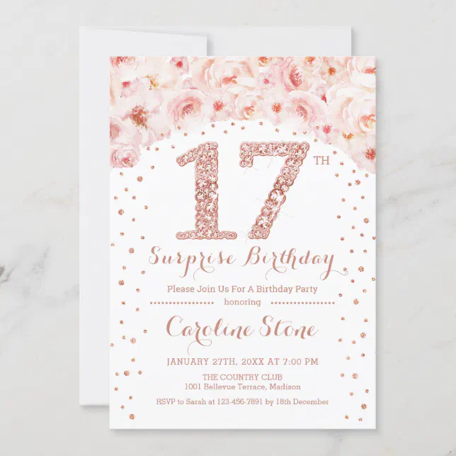 17th Surprise Birthday Party - White Rose Gold Invitation | Zazzle