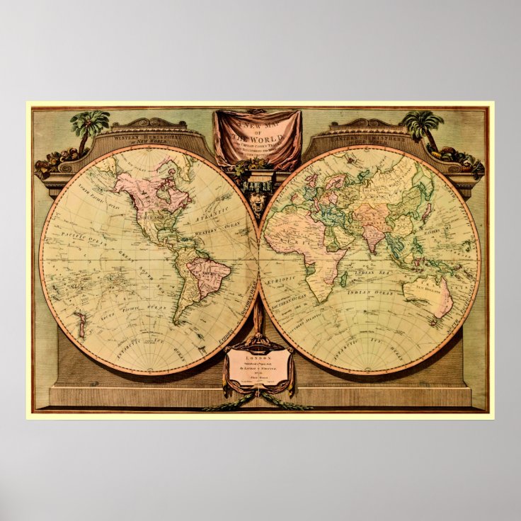 1808 Captain Cook's double-hemisphere World Map Poster | Zazzle