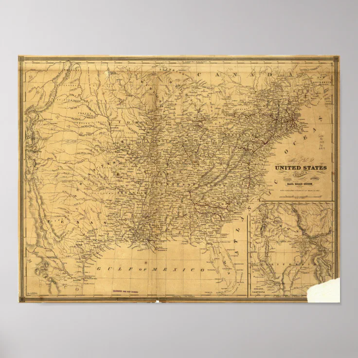 1847 Antique Rail Map of the United States Poster | Zazzle