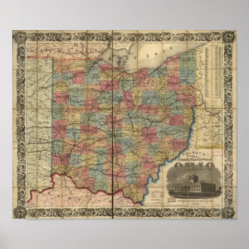 1854 Antique Rail Map of Ohio Poster | Zazzle