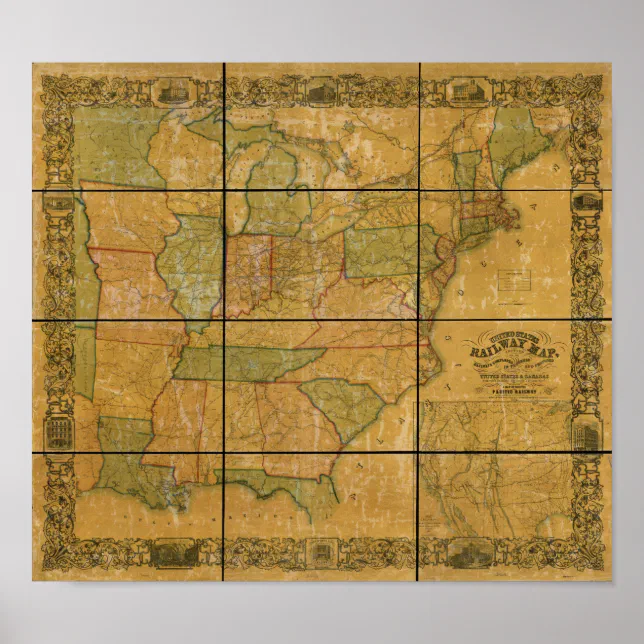 1856 Antique Railroad Map of the United States Poster | Zazzle
