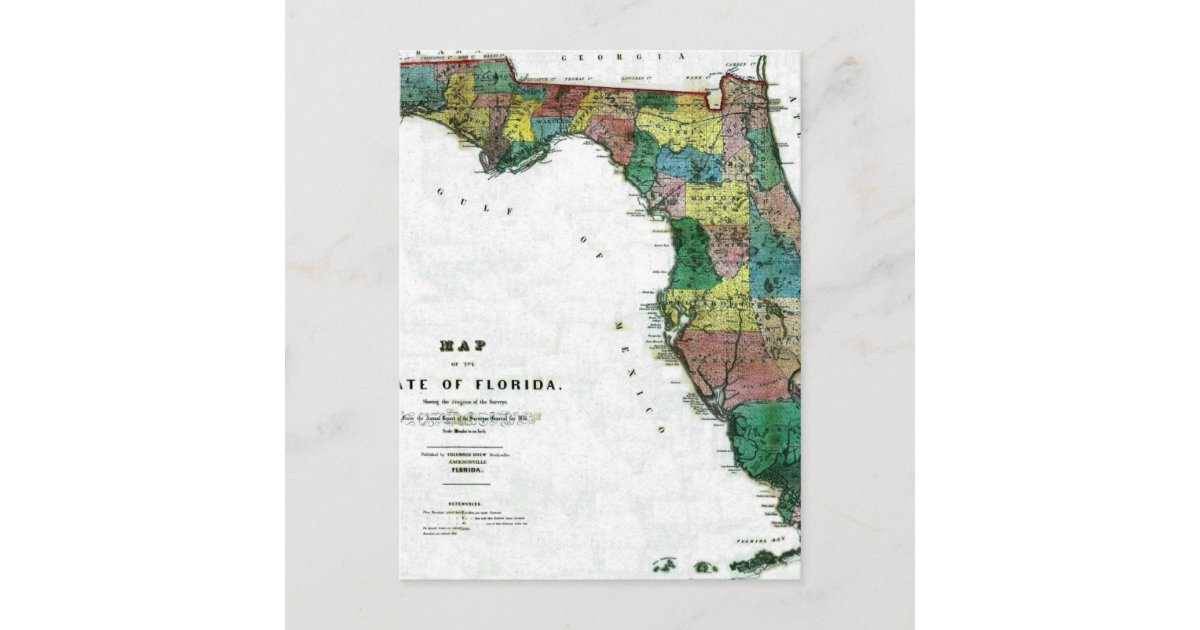 1856 Map of the State of Florida by Columbus Drew Postcard | Zazzle