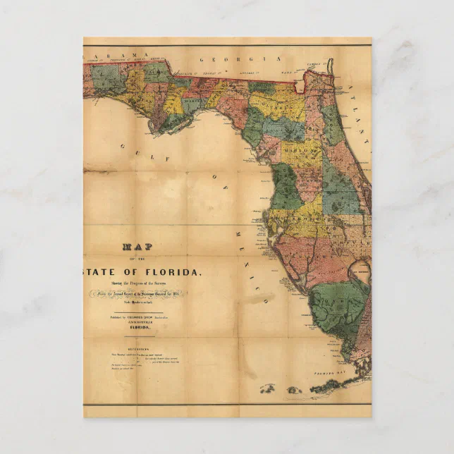 1856 Map of the State of Florida by Columbus Drew Postcard | Zazzle
