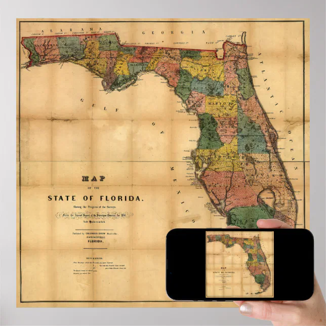 1856 Map of the State of Florida by Columbus Drew Poster | Zazzle