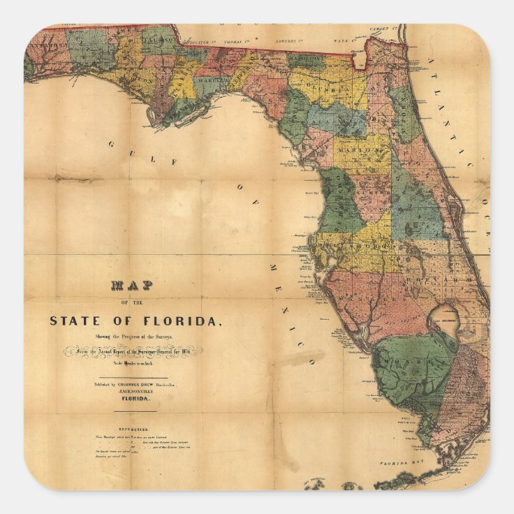 1856 Map of the State of Florida by Columbus Drew Square Sticker | Zazzle