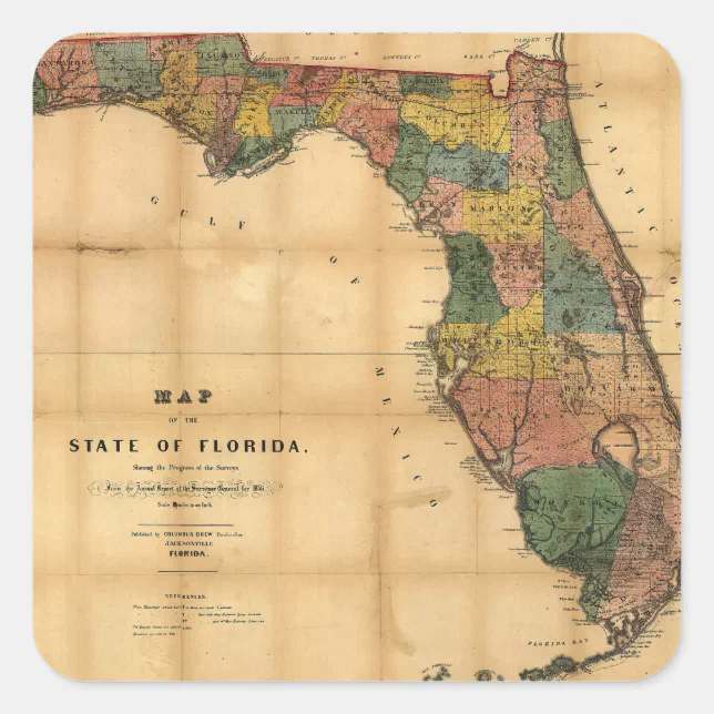 1856 Map of the State of Florida by Columbus Drew Square Sticker | Zazzle