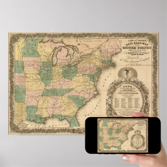 1858 Antique Rail Map of the United States Poster | Zazzle