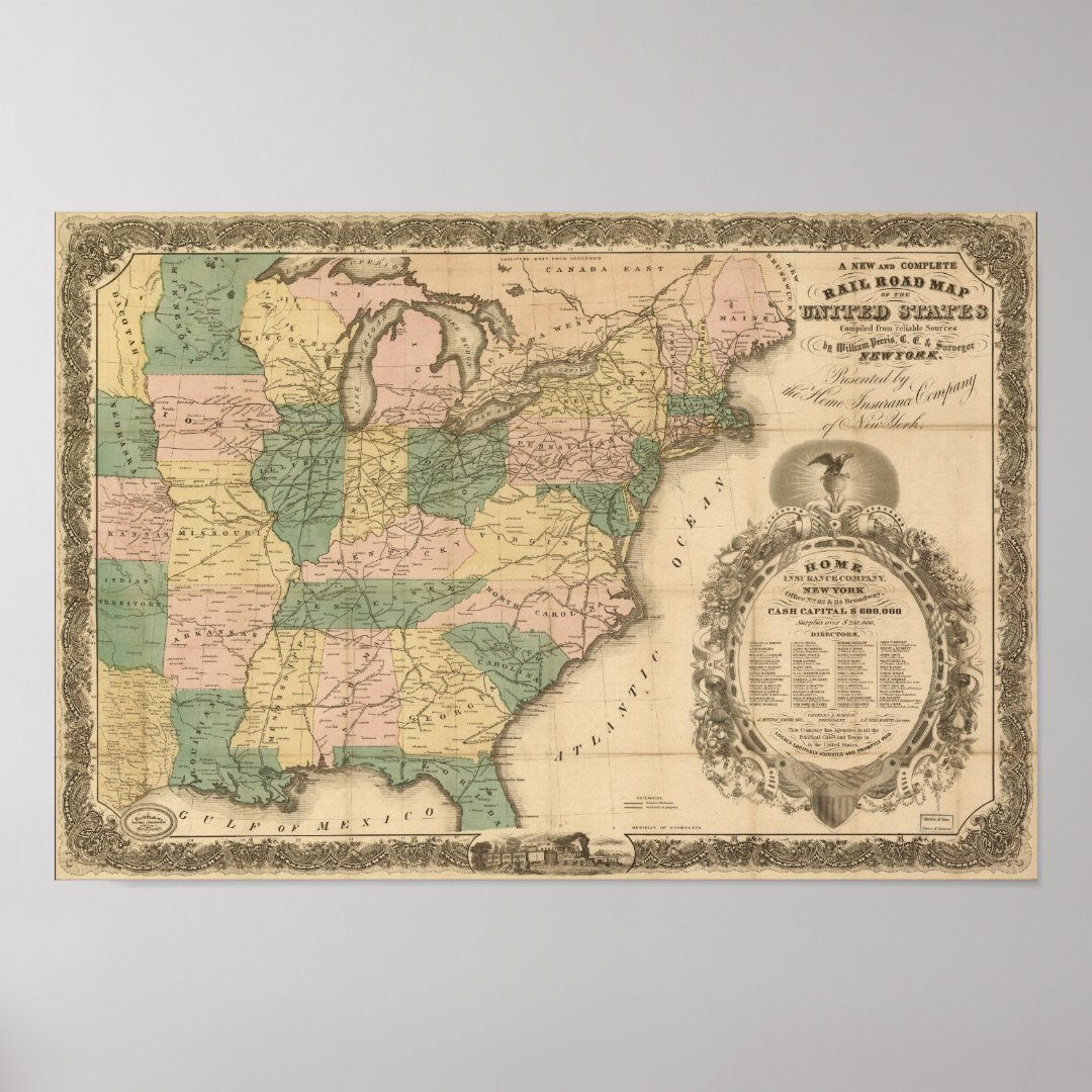1858 Antique Rail Map of the United States Poster | Zazzle