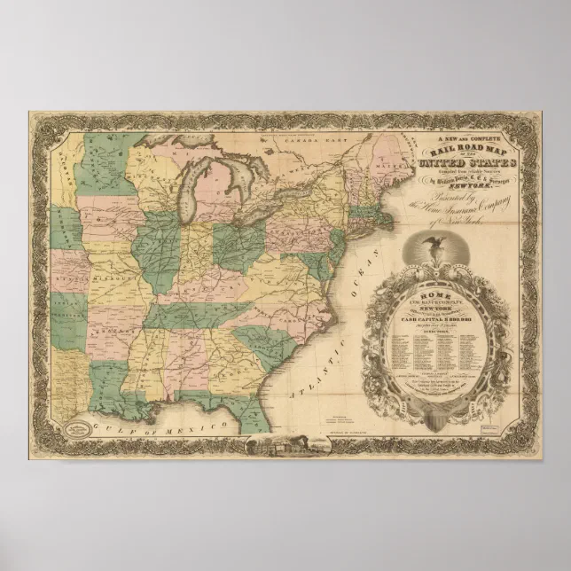 1858 Antique Rail Map of the United States Poster | Zazzle