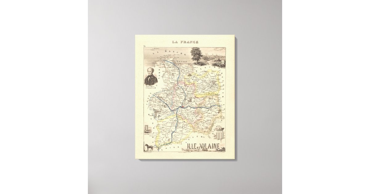 1858 Map of Ille et Vilaine Department, France Pos Canvas Print | Zazzle