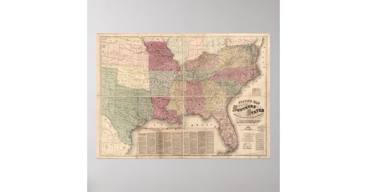 1862 Map of Southern States of America Poster | Zazzle