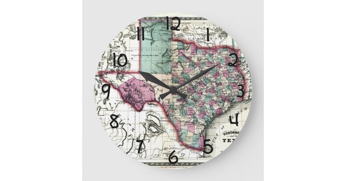 1866 Antiquarian Map of Texas by Schönberg & Co. Large Clock | Zazzle