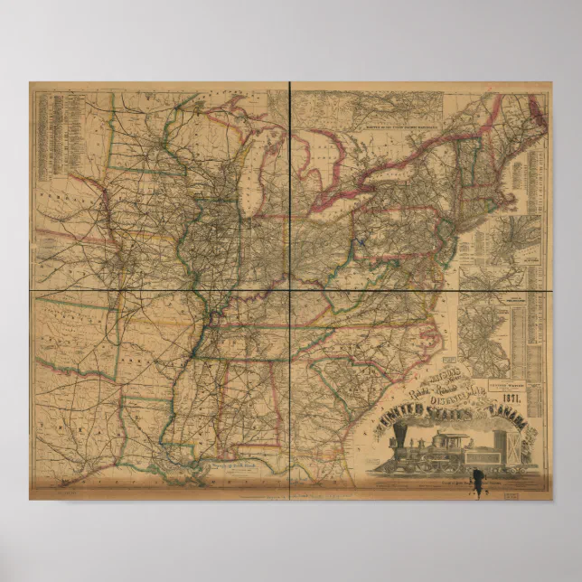 1871 Railroads and Distance Map of U.S. & Canada Poster | Zazzle