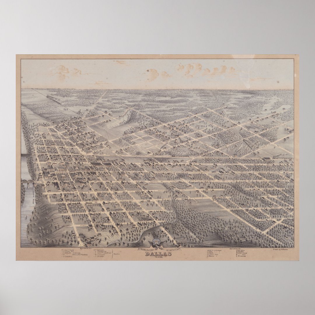 1872 Dallas, TX Birds Eye View Panoramic Map Poster | Zazzle