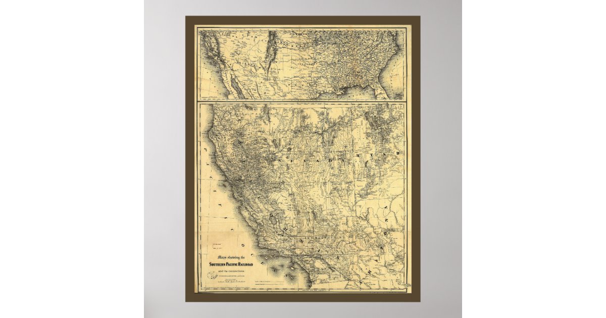 1875 Southern Pacific Railroad Map Poster | Zazzle