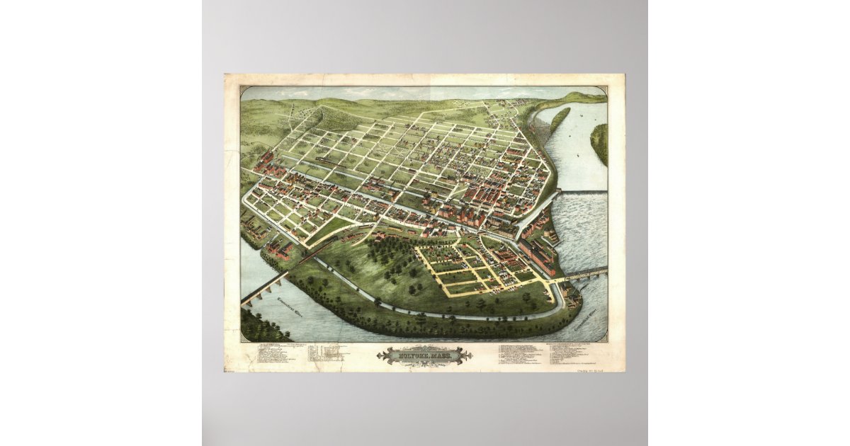 1877 Holyoke, MA Birds Eye View Panoramic Map Poster | Zazzle