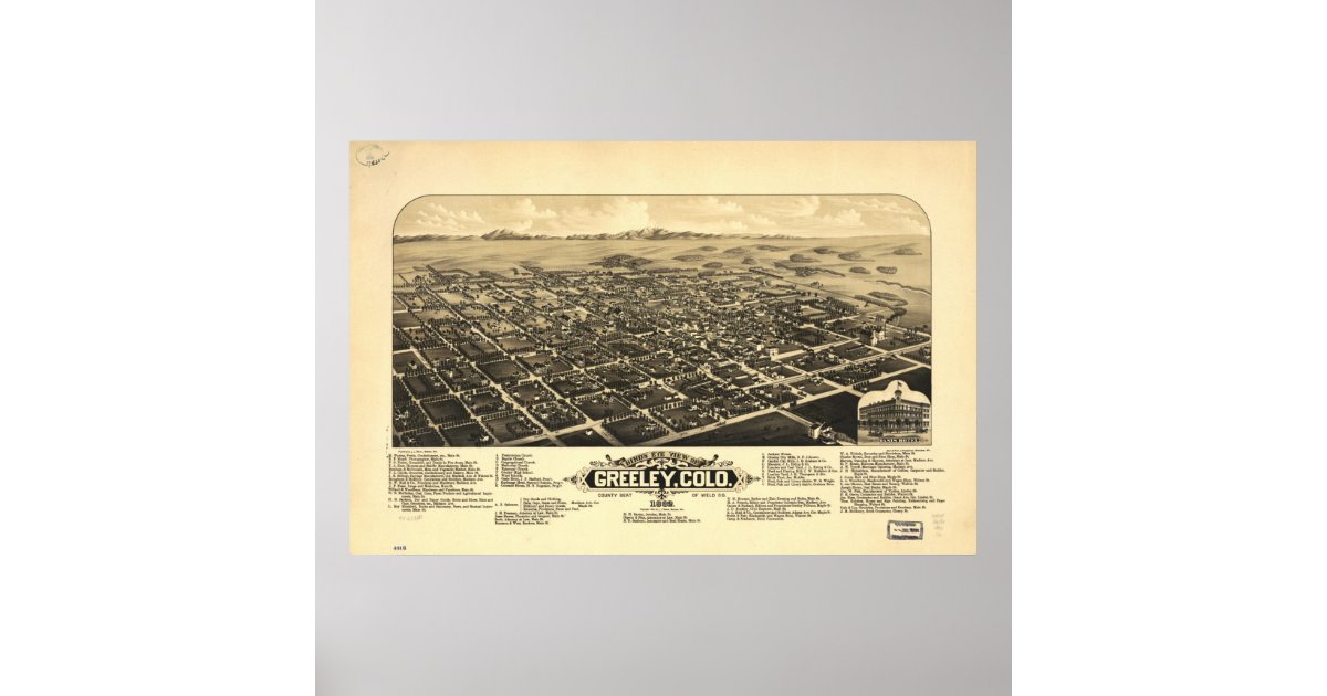 1882 Greeley, CO Birds Eye View Panoramic Map Poster | Zazzle